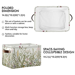 Large Storage Basket Flowers Herbs Wildflowers Botanical Cube Storage Bin Canvas Fabric Organizer Handles Collapsible for Clothes Toys Bedroom Decorative