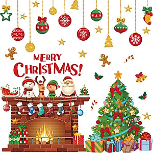 Christmas Wall Decals Christmas Tree Wall Stickers Christmas Ball Fireplace Decals Stickers Removable Merry Christmas Wall Decorations for Xmas Party Bedroom Living Room Office Home Decor, 4 Sheets