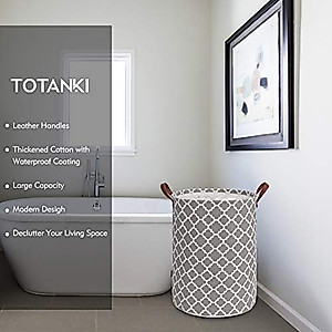 TOTANKI 48L Thickened Large Sized Laundry Basket with Durable Leather Handle, Drawstring Round Cotton Linen Collapsible Storage Basket,Dirty Clothes Hamper for Bedroom (Gray, L)