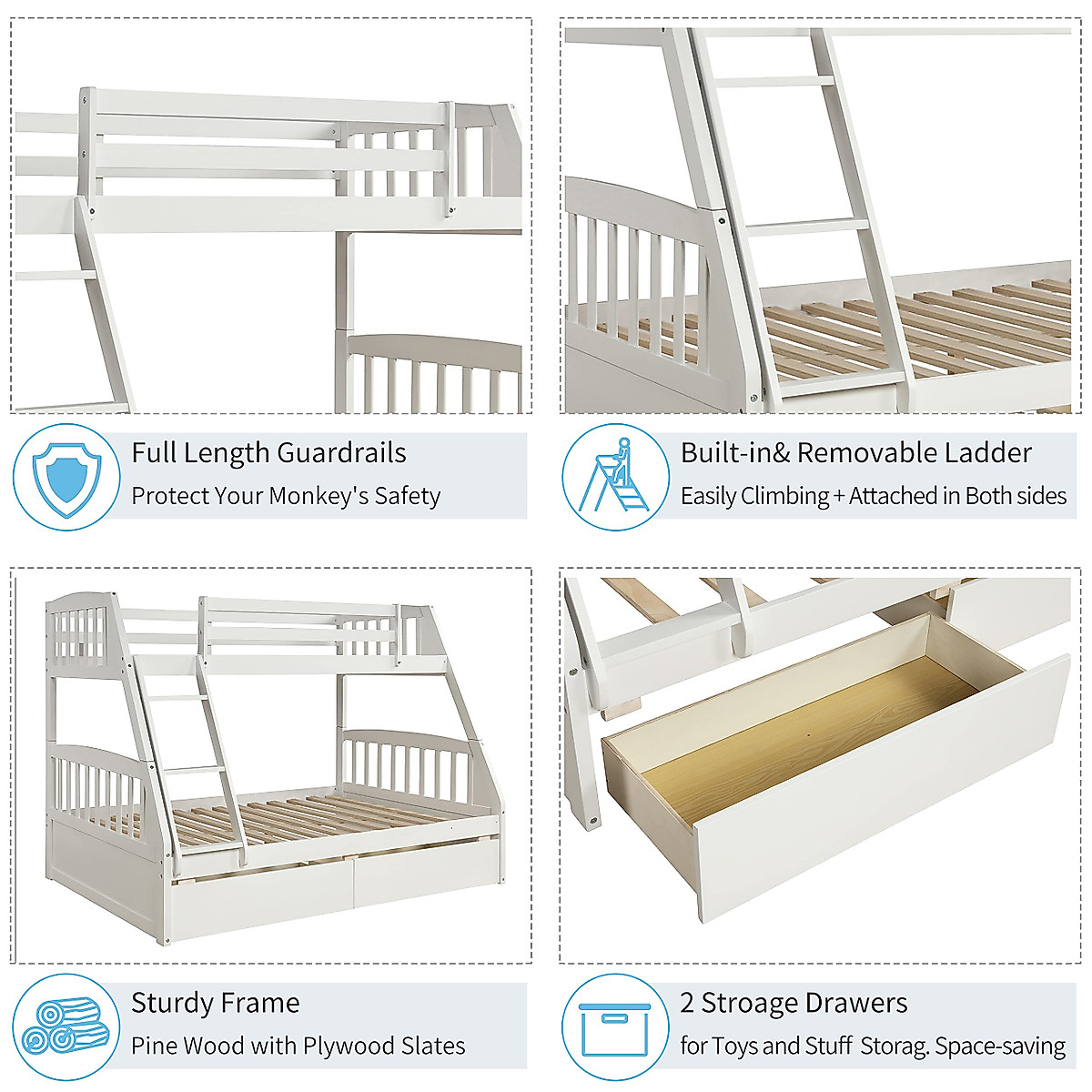 Merax Solid Wood Twin Over Full Bunk Bed with Two Storage Drawer, Removable Ladder and Safety Guardrail for Kids, Teens, Adults, Convertible to 2 Separated beds (White)