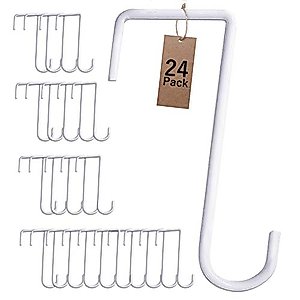 JOYSEUS 24pcs Vinyl Fence Hooks, 2 x 6 Inches Patio Hooks, White Powder Coated Steel Fence Hooks Hangers for Hanging Plants, Lights, Pool Equipment