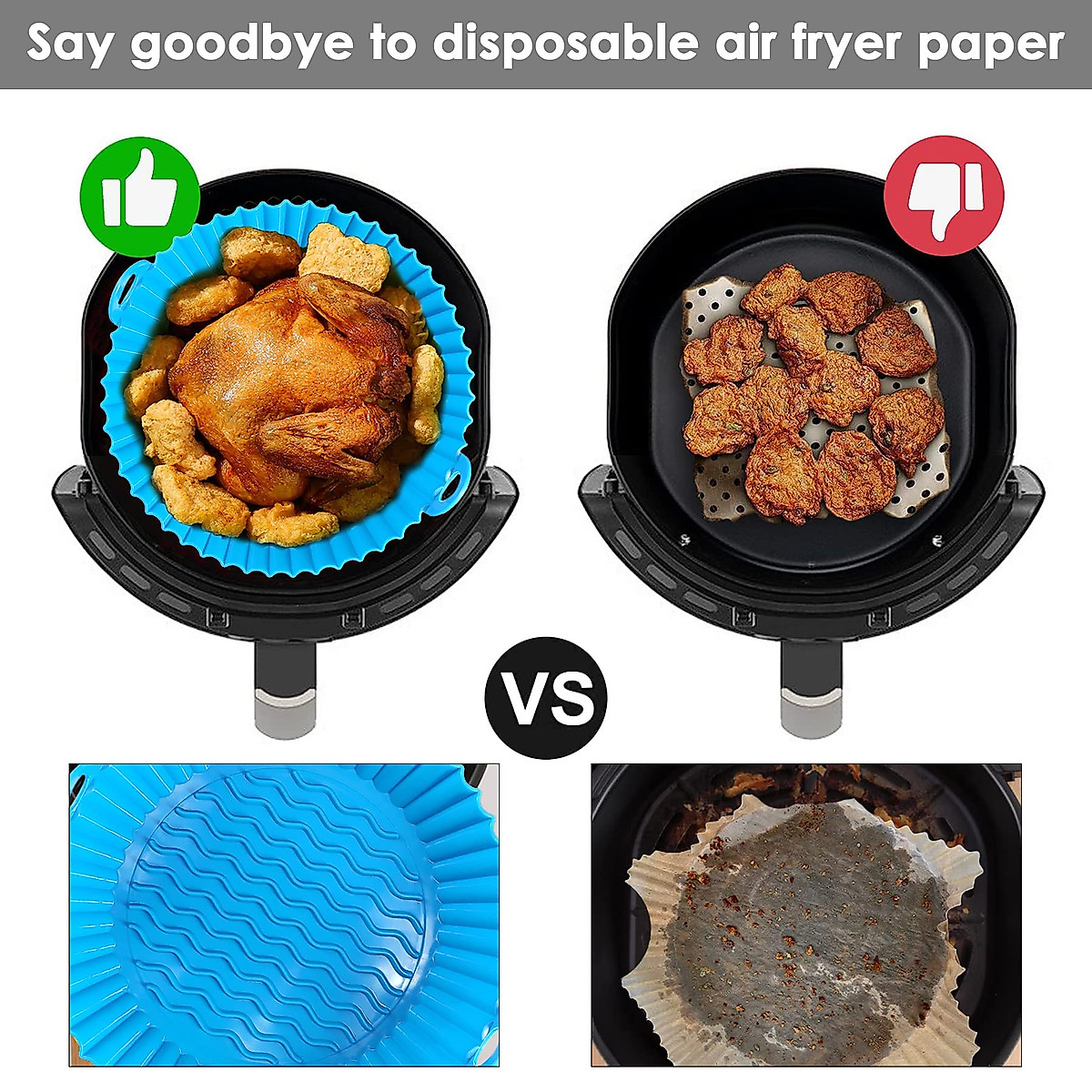 LOMSIOY 2 Pack Air Fryer Silicone Pot Reusable Round Air Fryer Oven Accessories with Handle Silicone Liner Tray Kitchen Accessories 8.4 Inch (Pink Blue)