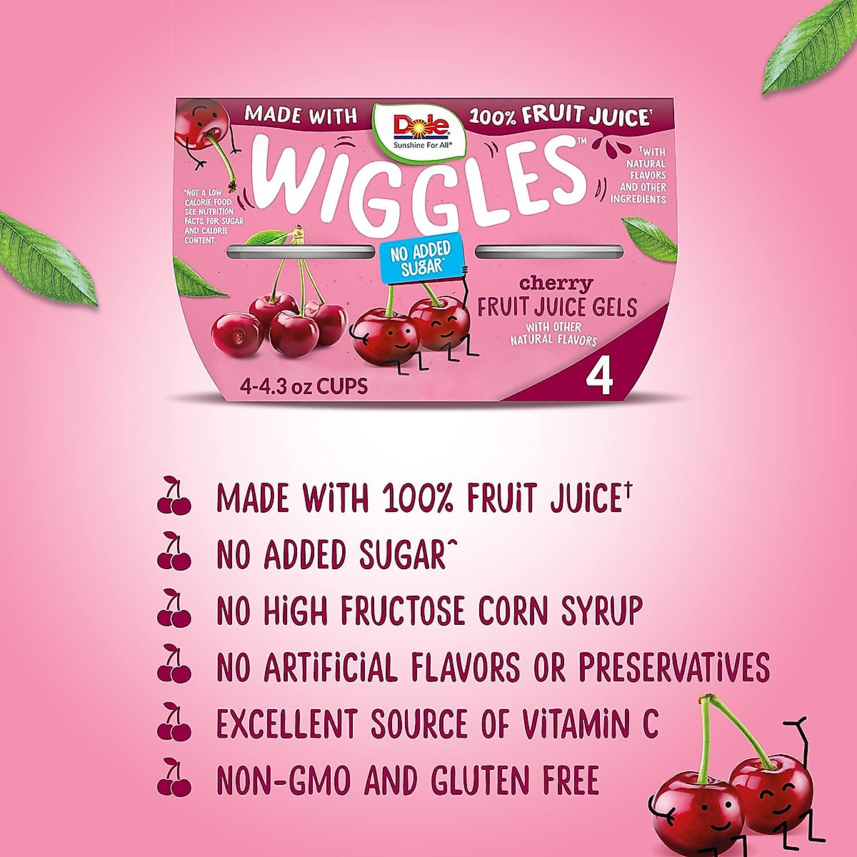 Dole Wiggles No Sugar Added Cherry Fruit Juice Gel Snacks, 4.3oz 24 Total Cups, Gluten & Dairy Free, Bulk Lunch Snacks for Kids & Adults