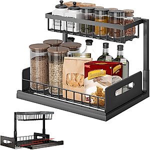 LFGKeng Under Sliding Sink Organizer, Pull Out Cabinet Drawer 2 Tier, Under Sink Shelf Organizer Rack, Under Cabinet Storage for Kitchen Spice Organizer, Bathroom Countertop Organize Baskets(Black)