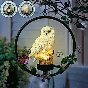 ASFSKY Solar Owl Garden Decorations LED Owl Hanging Ring Statue Retro Metal Waterproof for Outdoor Decorative Owl Ornament Owl Gifts for Owl Lovers (White)
