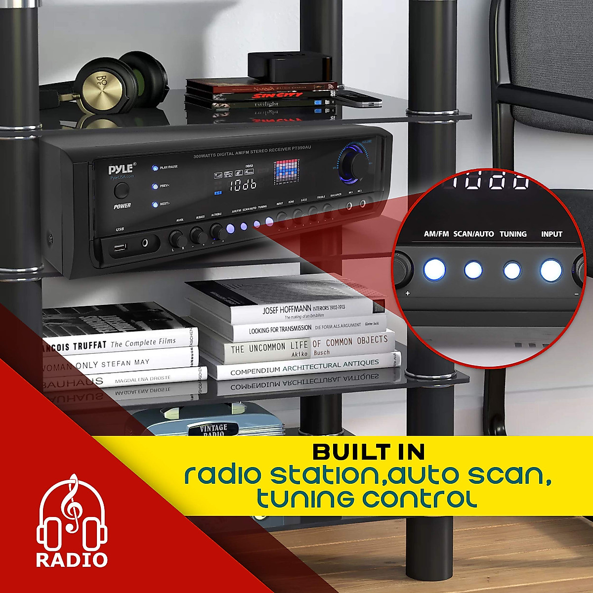 Home Audio Power Amplifier System - 300W 4 Channel Theater Power Stereo Sound Receiver Box Entertainment w/ USB, RCA, AUX, Mic w/ Echo, LED, Remote - For Speaker, iPhone, PA, Studio Use - Pyle PT390AU