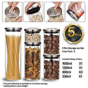 Balchy 5-Piece Canisters Sets with Silicone Seal Borosilicate Glass Jars Vacuum Seal for Tea Coffee Sugar Pop Flour Canister for Kitchen