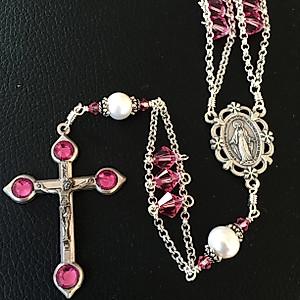 elegantmedical Ladder to Heaven Rose Pink Crystal & AAA10MM Real Pearl BEADS CATHOLIC ROSARY CROSS NECKLACE Sterling Silver beads caps