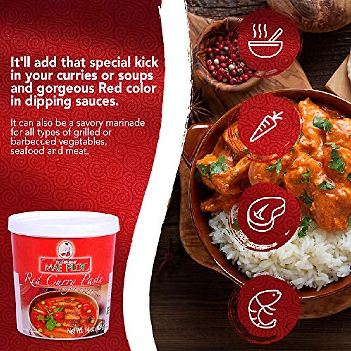 Mae Ploy Red Curry Paste, Authentic Thai Red Curry Paste For Thai Curries And Other Dishes, Aromatic Blend Of Herbs, Spices And Shrimp Paste, No MSG, Preservatives Or Artificial Coloring (14oz Tub)