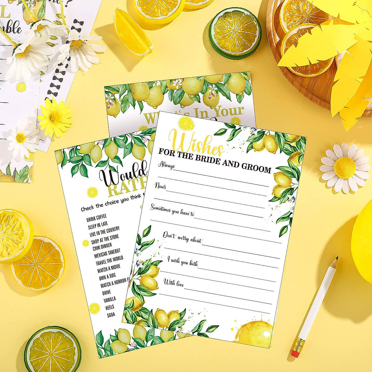 Leinuosen 220 Pcs Lemon Bridal Shower Games Set Wedding Shower Game Supplies Include Bridal Games Cards and Pencils for Bachelorette Engagement Party Decorations Favors