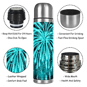Stainless Steel Leather Vacuum Insulated Mug Fireworks Thermos Water Bottle for Hot and Cold Drinks Kids Adults 16 Oz