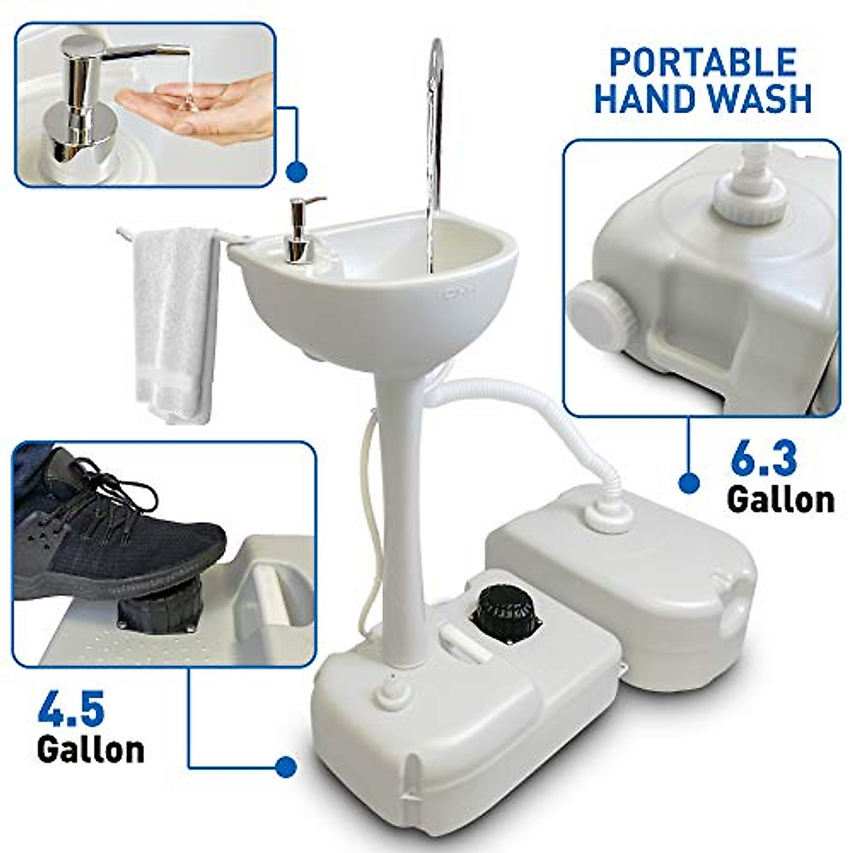 Portable Foot Operated Outdoor Hand Washing Sink Station – Includes Dirty Water Tank – Towel Holder & Soap Dispenser – 4.5 Gallon - Great for Camping, Business, Events, RV, Etc., white, 40
