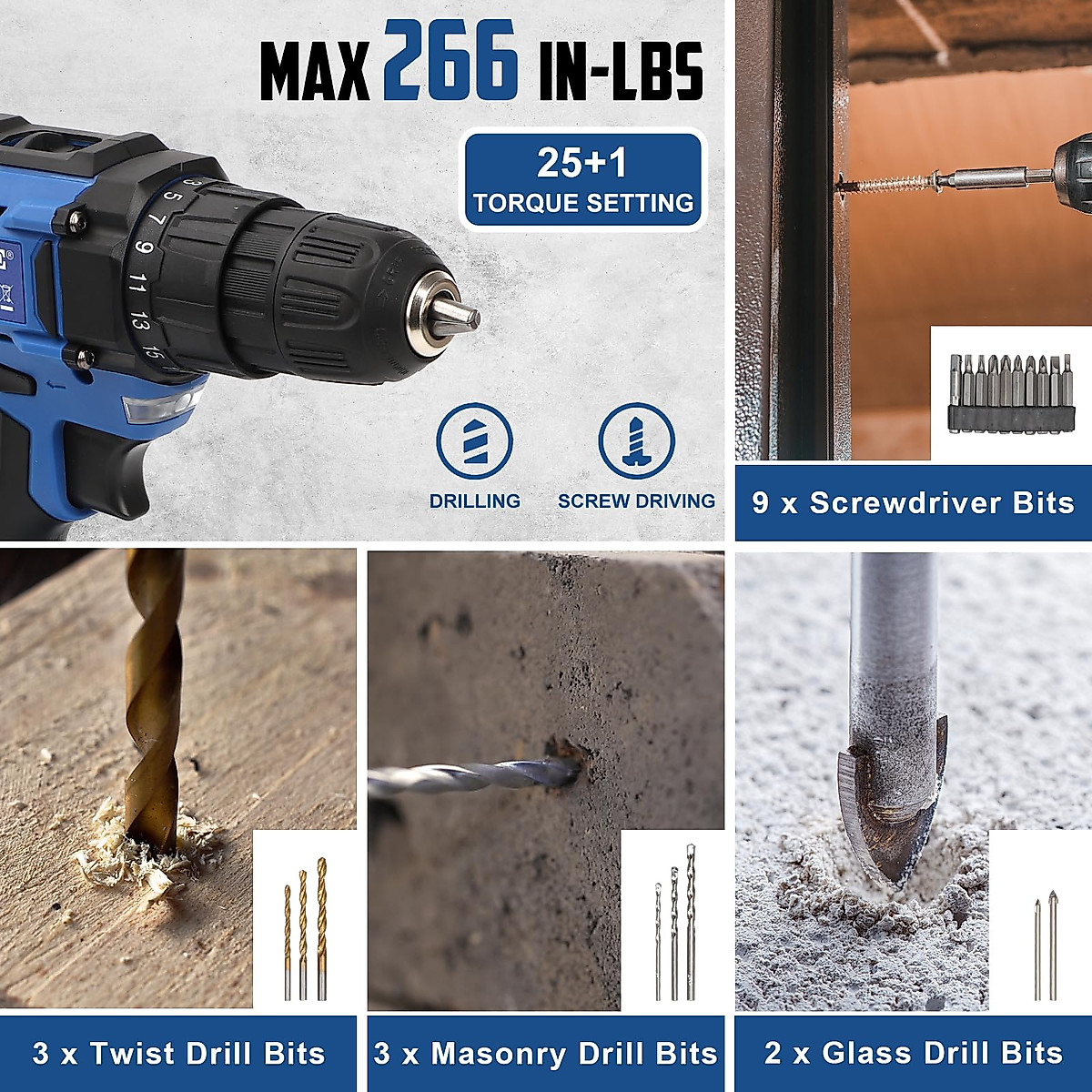 COMOWARE 120 Pcs Home Tool Kit with Drill, 20V Power Tool Combo Kits with 2.0 Ah Li-ion Battery & Charger, 25+1 Clutch, Tool Sets for Men, Household Tool Set for Garden Office Home Repair, Blue Case