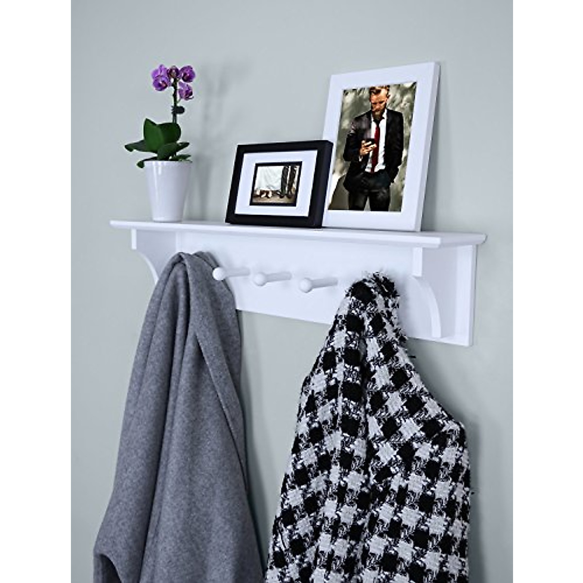 Ballucci Floating Coat and Hat Wall Shelf Rack, 5 Pegs Hook, 24", White