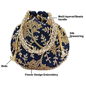 Truesellershop Indian Ethnic Designer Embroidered Silk Potli Bag Batwa Pearls Handle Purse Clutch Purse for Women (Navy Blue)