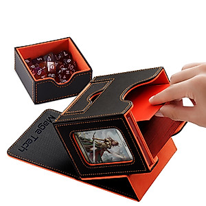 Mage Tech Card Deck Box for MTG Commander - Patented Design, Commander Display, Fits 100 Double-Sleeved Cards, 35pt Card Brick & Dice Tray - Grey/Orange