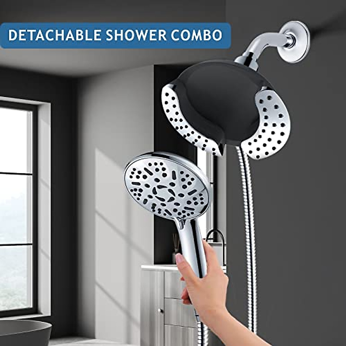 Rain Shower Head with Handheld, High Pressure 9-Setting Hand Held Shower and Rainfall Shower Head Separately or Together, Nuodan 3-Way Waterfall Shower Combo with Stainless Steel Hose, Chrome