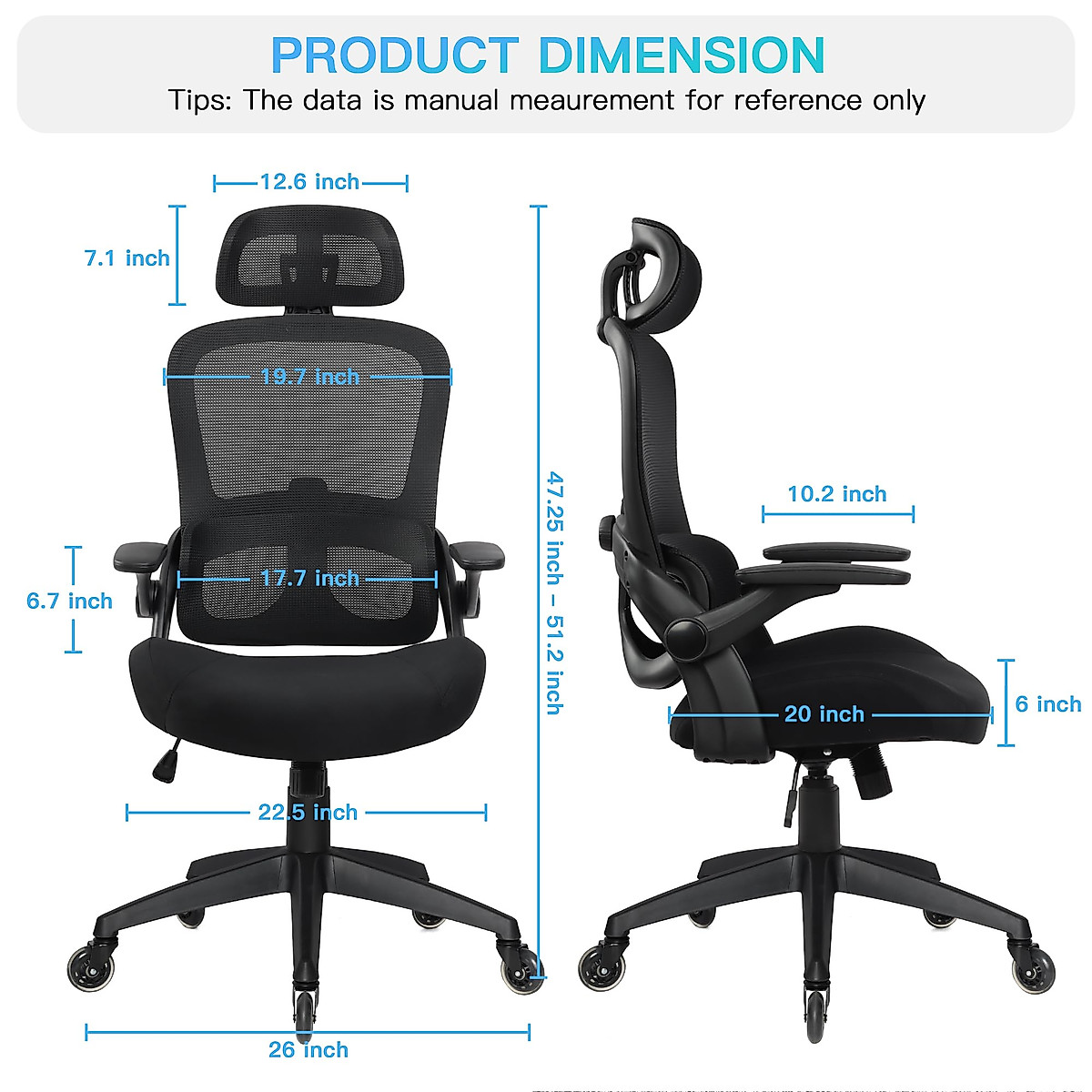 FAMSINGO Ergonomic Mesh Office Chair, High Back Comfortable Desk Chair with Adjustable Lumbar Support, Headrest and Flip-up arms, Wide Memory Foam Seat, Executive Swivel Chair(Black)