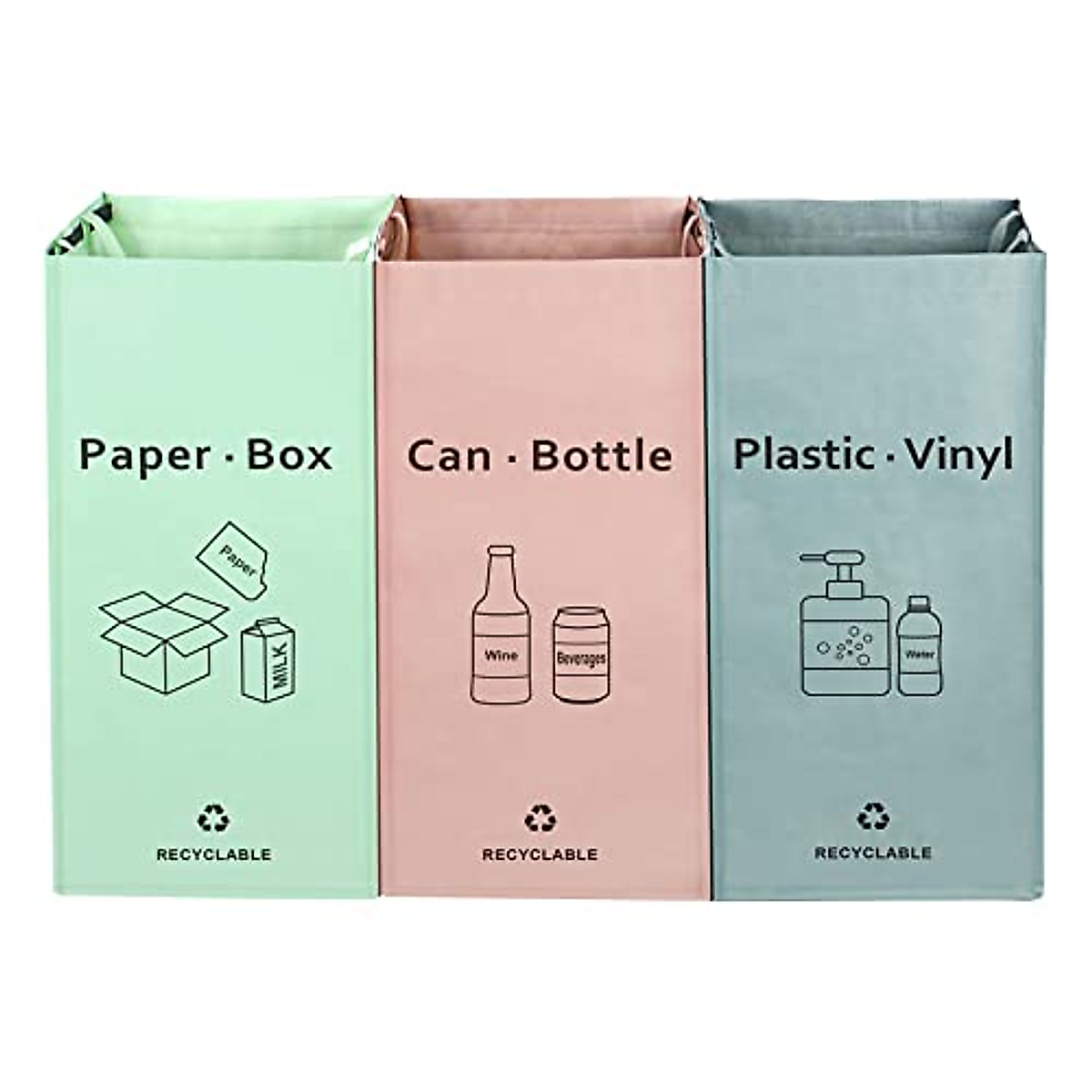 JIALAI HOME Separate Recycling Waste Bin Bags for Kitchen Home - 42 Gallon Recycling Bins (Pink, Green, Gray) Waste Trash Sorting Organizer, Reusable Waterproof, Pack of 3 Bags