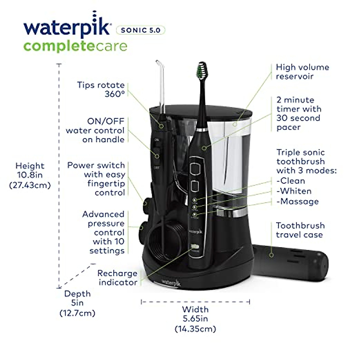 Waterpik Complete Care 5.0 Water Flosser + Sonic Electric Toothbrush, Black WP-862