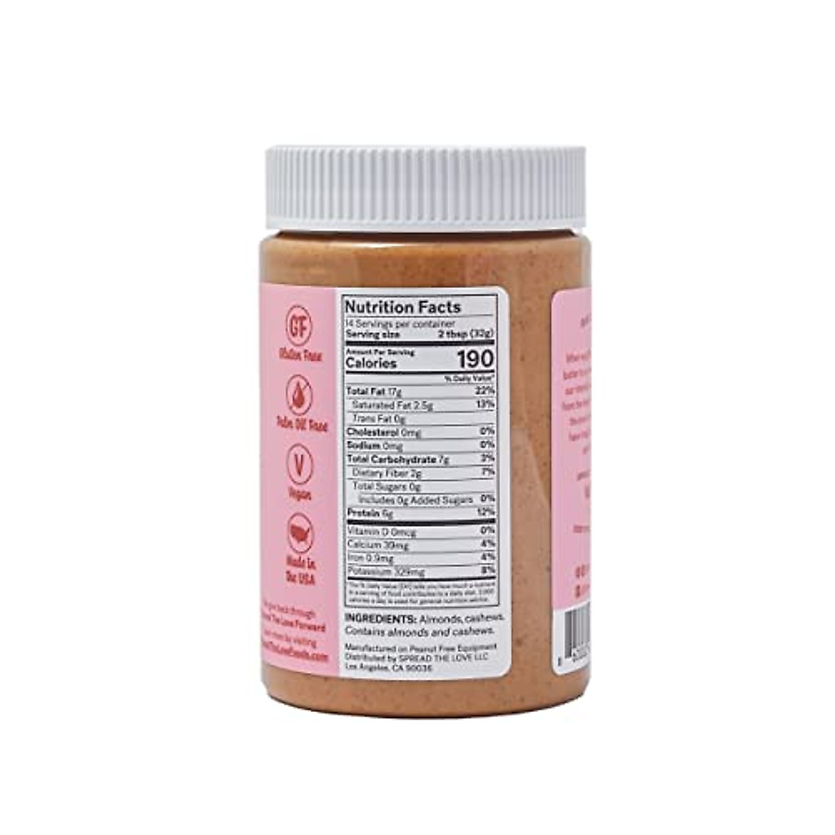 Spread The Love Almond Cashew Power Butter, 16 Ounce (All Natural, Vegan, Gluten-free, No salt, No sugar, No palm-oil, No-GMOs) (1-Pack)