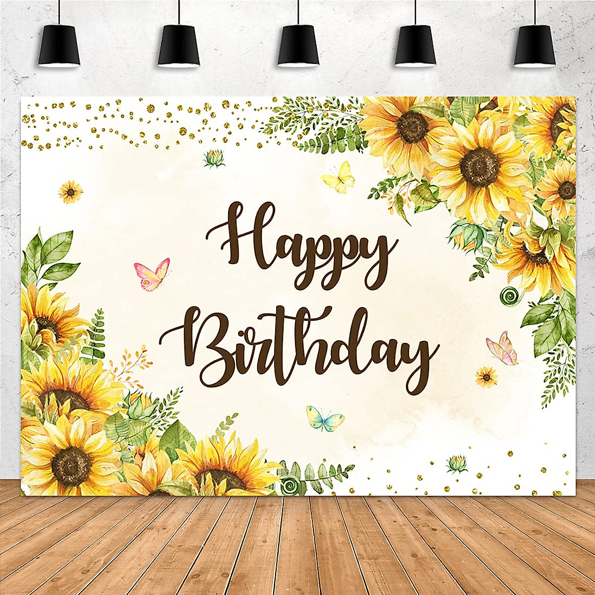 Aperturee 7x5ft Sunflowers Happy Birthday Backdrop Butterfly Gold Dots Girls Women Sweet 16th Bday Photography Background Party Decorations Photo Booth Studio Props Banner Supplies Cake Table