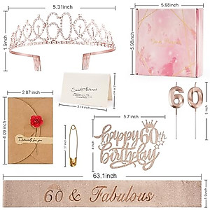 60th Birthday Decorations, Birthday Crown Set Includes Rose Gold Shoulder Strap, Cake Insert Plaque, 60th Font Candle, Kraft Greeting Card, and Simulated Roses Perfect for Women/Girls Birthday Party!