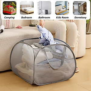 YTEACIUL 2Pcs Collapsible Laundry Baskets,Gray Mesh Pop Up Laundry Basket,Space-Saver with Side Pocket,Portable & Versatile Bathroom and Home Organizer for Laundry and Storage (90L)