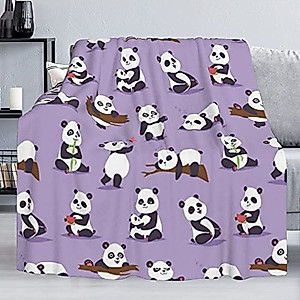 Kiuloam Cute Pandas on Purple Soft Throw Blanket 40"x50" Lightweight Flannel Fleece Blanket for Couch Bed Sofa Travelling Camping for Kids Adults