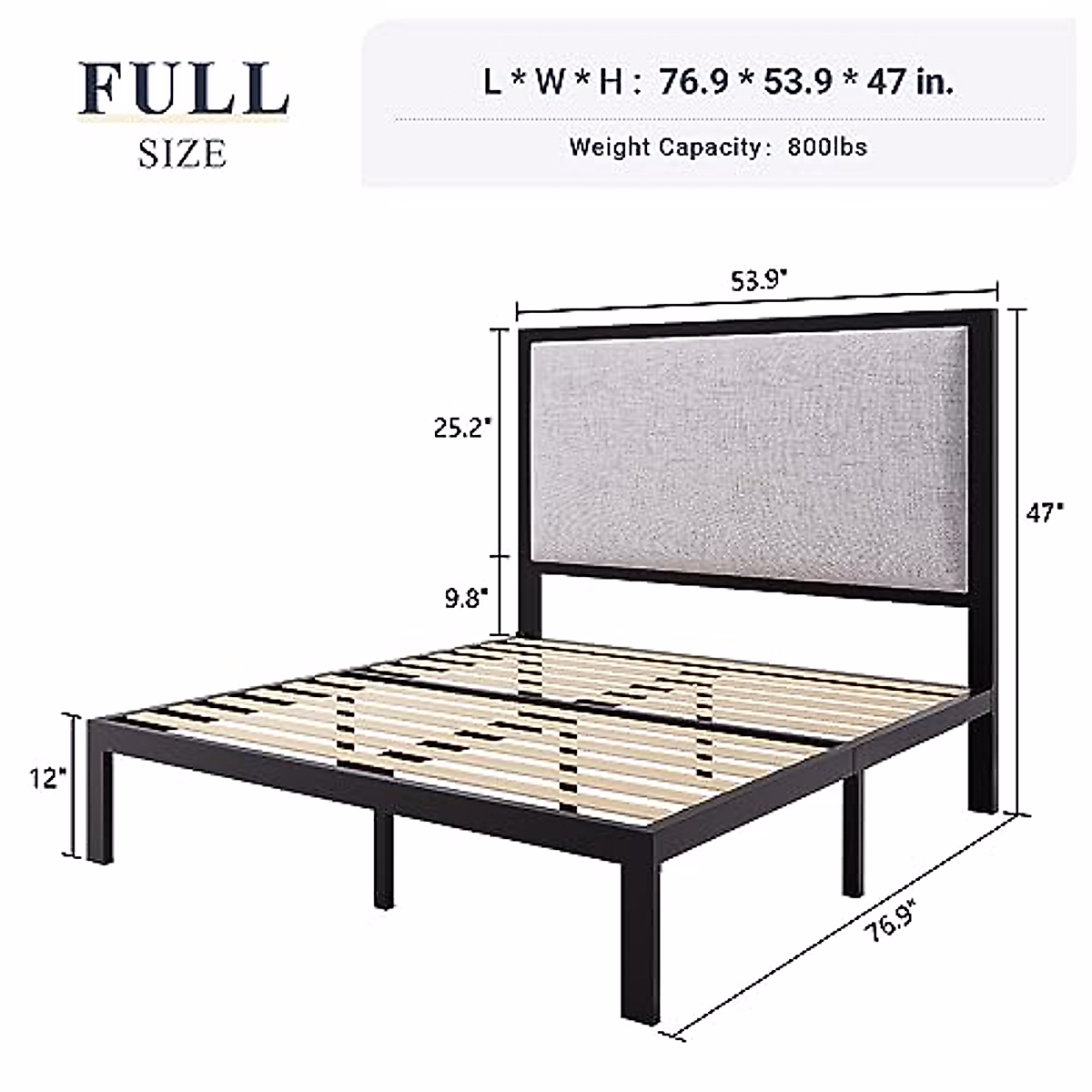 Allewie Full Size Bed Frame with 47'' Tall Upholstered Headboard, High Metal Bed Frame with 12'' Under-Bed Storage Space/Wood Slats Support/Easy Assembly/No Box Spring Need/Noise-Free/Grey
