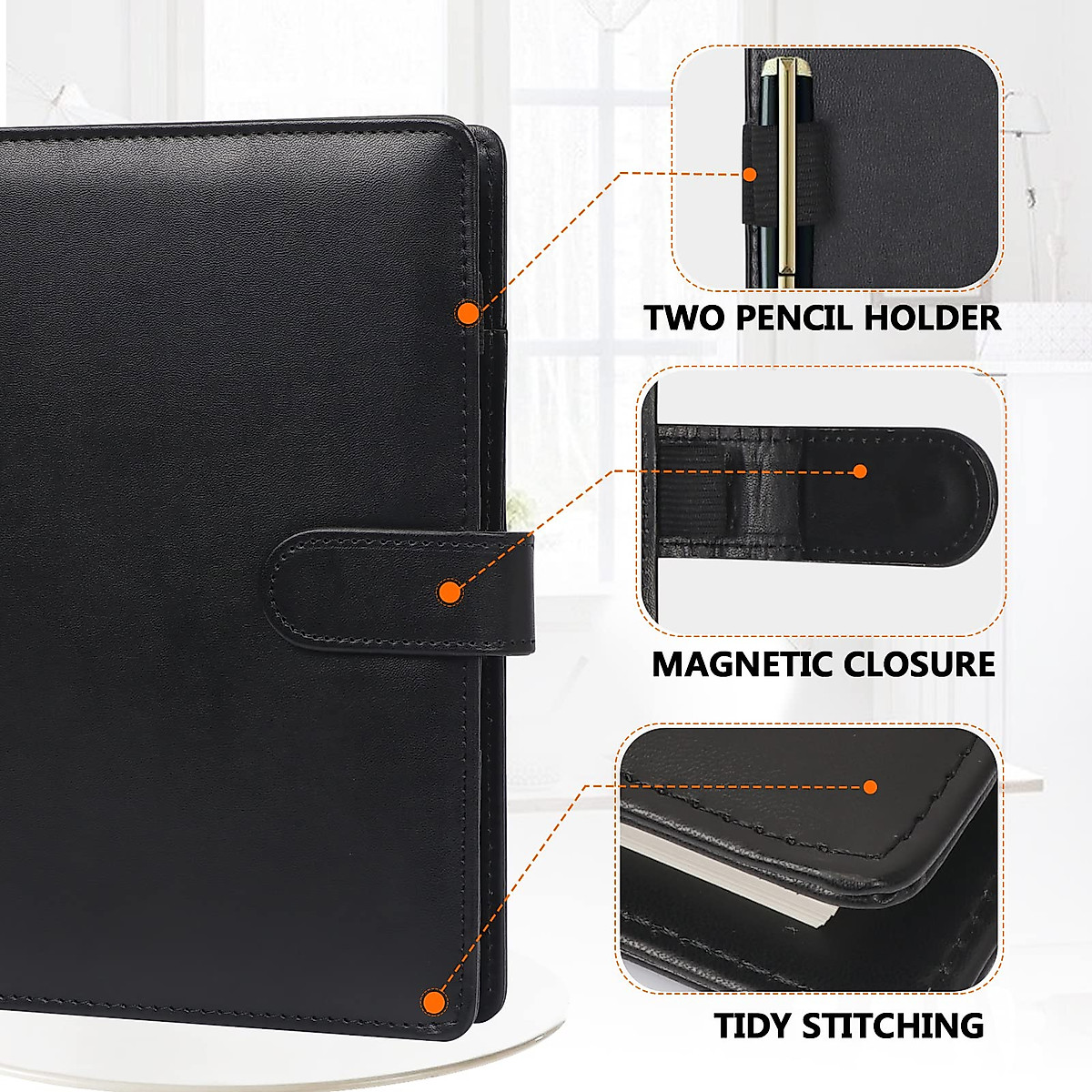 Toplive A5 Notebook Binder 6 Ring Refillable Binder, PU Leather Planner Binder Personal Budget Binder Organizer Cover with Magnetic Closure for A5 Filler Loose Leaf Paper, Matte Black