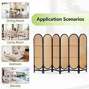 Leesinwing 6 Panels Room Dividers and Folding Privacy Screens, Hand-Woven Rattan Room Divider Wall, Wood Room Divider Freestanding Room Partitions Screen for Home Office Bedroom, Black