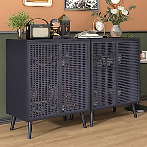 JZXSHD 2-Piece Metal Rattan Sideboard with 2 Doors for Kitchen, Living Room, Hallway, Black 2-Pack