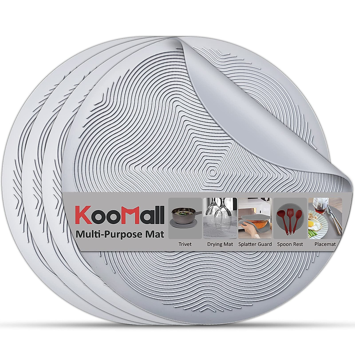 4PCS KooMall Silicone Trivets for Hot Dishes Pots and Pans 8'', 572°F Heat Resistant Pot Holders, Hot Pads for Kitchen Countertop, Hot Plates Mat to Protect Quartz Table, Versatile Microwave Mat, Gray