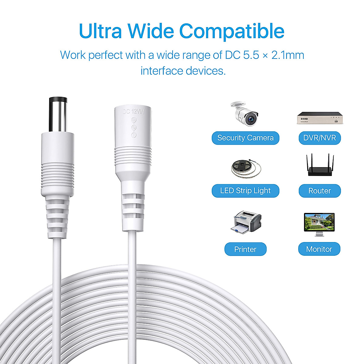 ZOSI 12V DC Power Extension Cable 12ft 2.1mm x 5.5mm 12V DC Plug Power Adapter Cord for Security Camera,Wireless IP Network Camera,CCTV DVR NVR Recorder, LED Strip,Car and More(White)