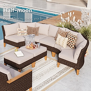 GREEN PARTY 7 Pieces Wicker Patio Furniture Set with 56" Fire Pit Table, All-Weather Outdoor Rattan Patio Half-Moon Curved Sectional Sofa Conversation Set for Garden, Backyard