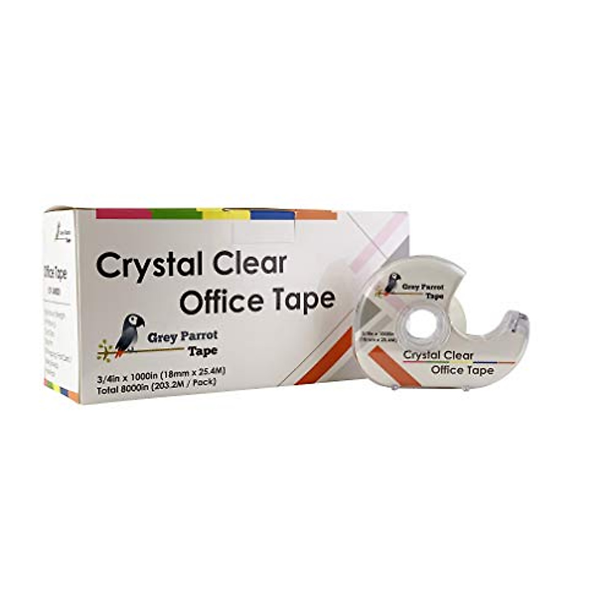 Greyparrot Office Clear Office Refill Tape Rolls + Dispenser(8 Pack),(3/4” X 1000in/pack). for Craft Jobs, Gift Wrapping, Office Work Clear(Transparent) Glossy Finish, Refillable (8000 inch/Total)