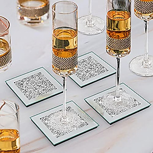 Glass Mirrored Coasters for Drinks, Crushed Diamond Coasters Set of 4, Decorative Wine Coasters, Mirror Coasters Heat Resistant, Table Bling Coasters for Bar Kitchen Restaurant, Silver Square 4 inches