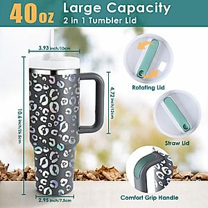 PIMDIR 40oz Leopard Tumbler with Handle Straw Lid, Stainless Steel Vacuum Insulated Reusable Travel Mug Keep Drinks Cold Ice Gym Cup, Gifts for Women Lovers, Car Holder Friendly, Gray