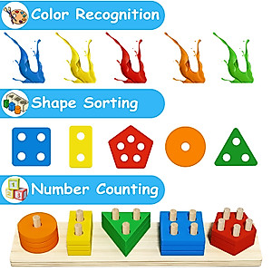 Dreampark Wooden Educational Toys, Wooden Shape Color Sorting Preschool Stacking Blocks Toddler Puzzles Toys Birthday Gifts for Boys and Girls Age 1 2 3