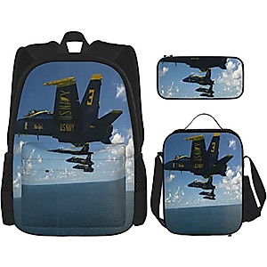 3 Piece Set Backpacks Blue Angels Airplane Aircraft Backpack 3 Piece Set for Boys and Girls Cute Axolotl Fish backpack(School Bag + Pencil Case + Lunchbag Set)