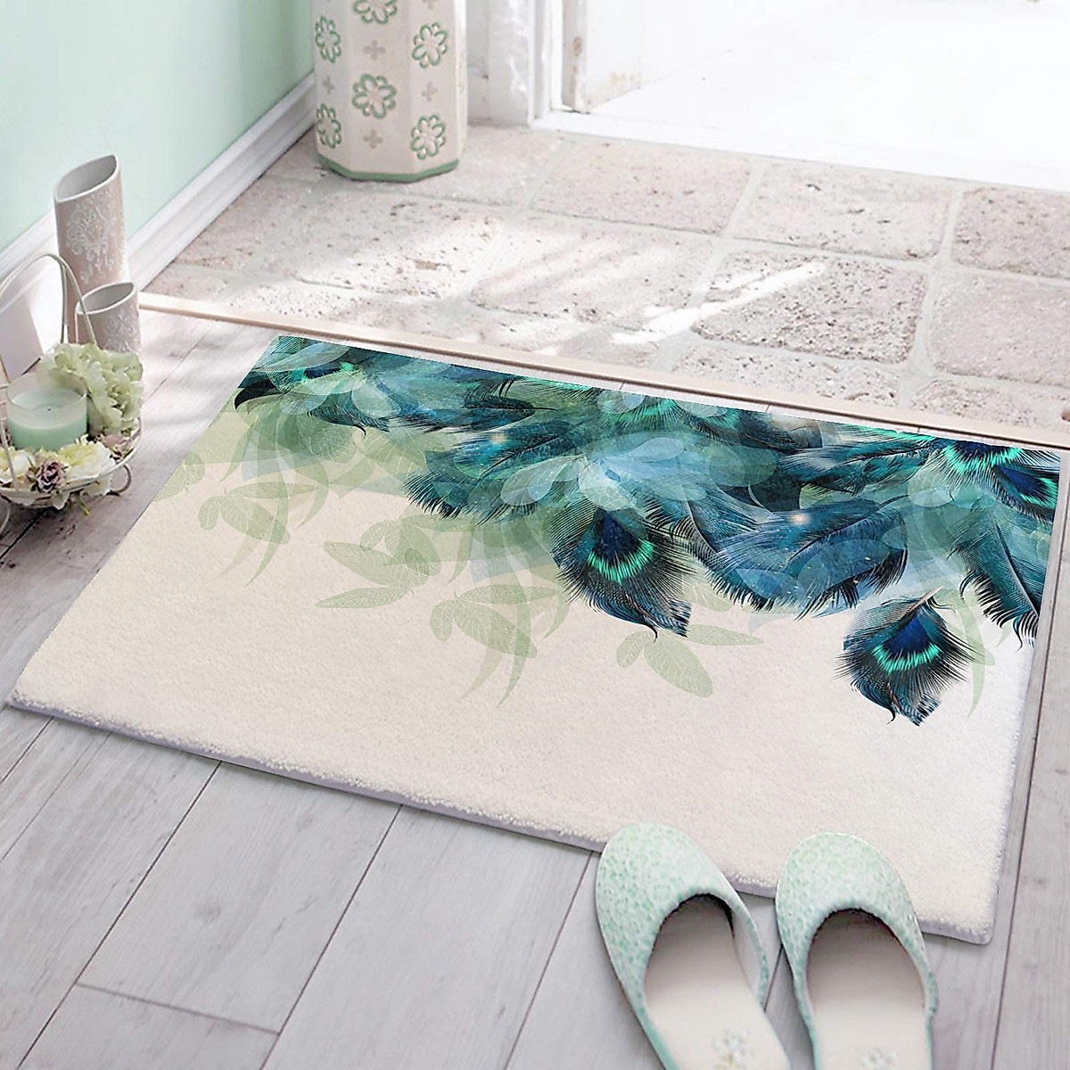 Door mat Soft Doormat Teal Turquoise Peacock Feather,Non Slip Bath Rug Absorbent Mat Rustic Art Printed Floral Shadow,Washable Door Mats Microfiber Runner Carpet for Kitchen,Bathroom,Laundry 18x30in