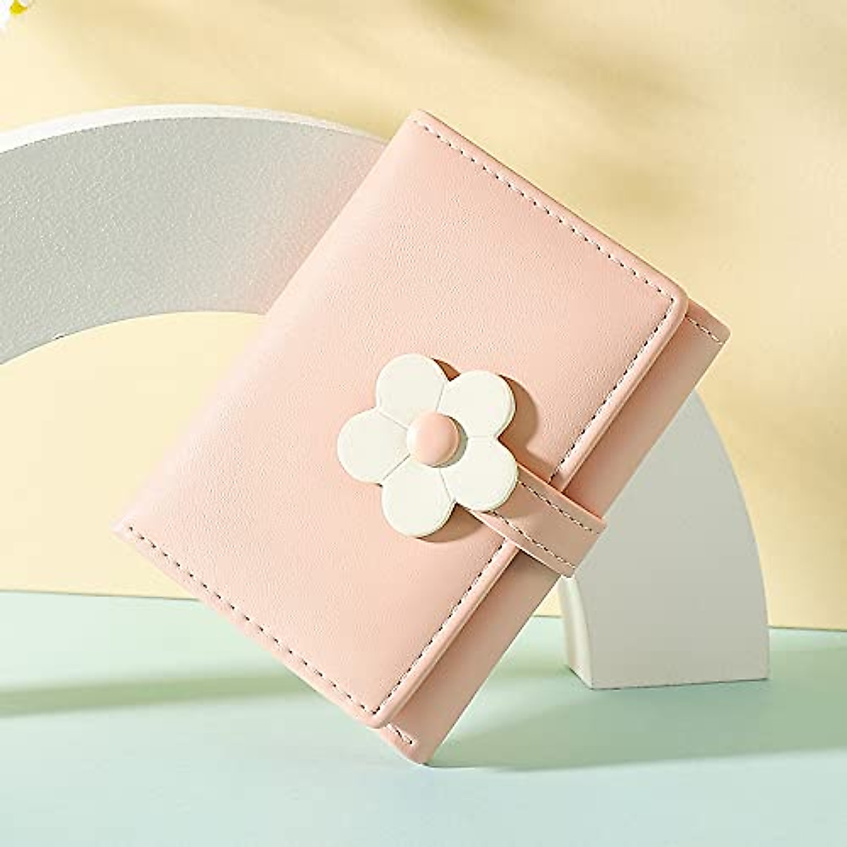 MEISEE Cute Small Wallet for Girls Women Tri-folded Wallet Cash Pocket flowers PU Leather Print Card Holder Coin Purse with ID Window (2-pink)