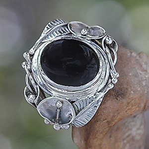 NOVICA Artisan Handmade Onyx Flower Ring Women's Floral Sterling Silver Cocktail Black Indonesia Birthstone [crownbezel 0.7 in H x 0.3 in W x 0.3 in D Band Width 0.1 in W] ' Nest of Lilies'