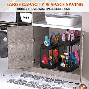 2 Pack Under Sink Organizers and Storage - 2 Tier Large Capacity Bathroom Organizer Under Sink with 4 Hooks,Upgrade Multipurpose Top Sliding Basket Cabinet Organizer for Kitchen Bathroom, Black