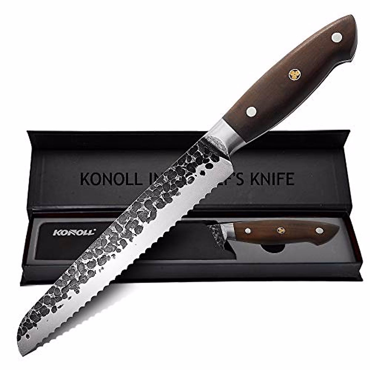 KONOLL Bread Knife,8-Inch Pro serrated Bagle knife Forged Hammered Germany High Carbon Steel Cake Slicing (8-Inch Thunder-K Series)