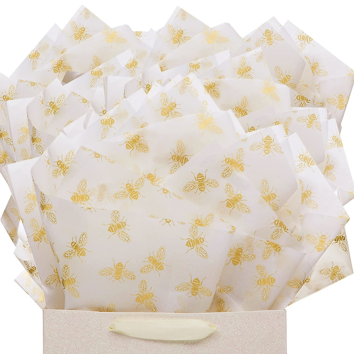 UNIQOOO 40 Sheets Metallic Gold Foil Honey Bee Gift Wrapping Tissue Paper Bulk, Large 20X26 Inch, For Wedding Birthday Baby Shower Party Favor Decor, Gift Bags Box Packaging, DIY Craft Bedding Shred Paper Filler