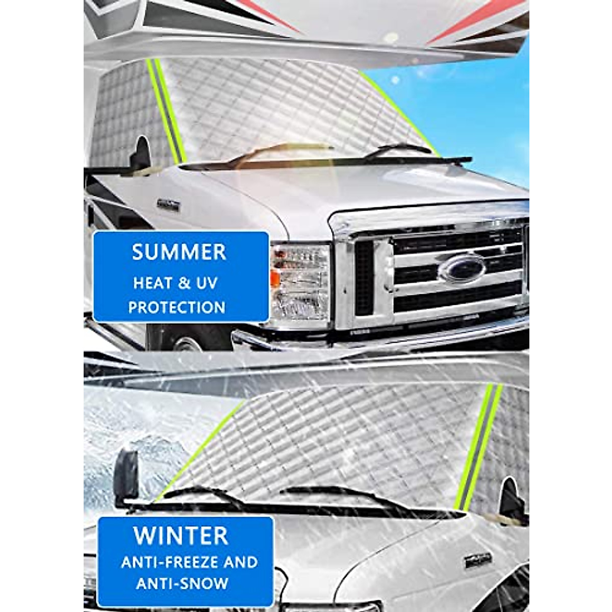Big Hippo Windshield Cover RV Window Sunshade Cover for Class C Ford E450 1997-2022 Motorhome, UV Block Offer Complete Privacy with Reflective Strips RV Accessories 4 Layers with Mirror Cutouts Silver