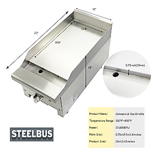 STEELBUS Commercial Gas Griddle-12''x23'' | Gas griddle flat top grill |19MM Thicken Heating Plate Heavy duty Stainless Steel gas Griddle,Countertop Griddle for Restaurant Equipment-22,000 BTU 6000W