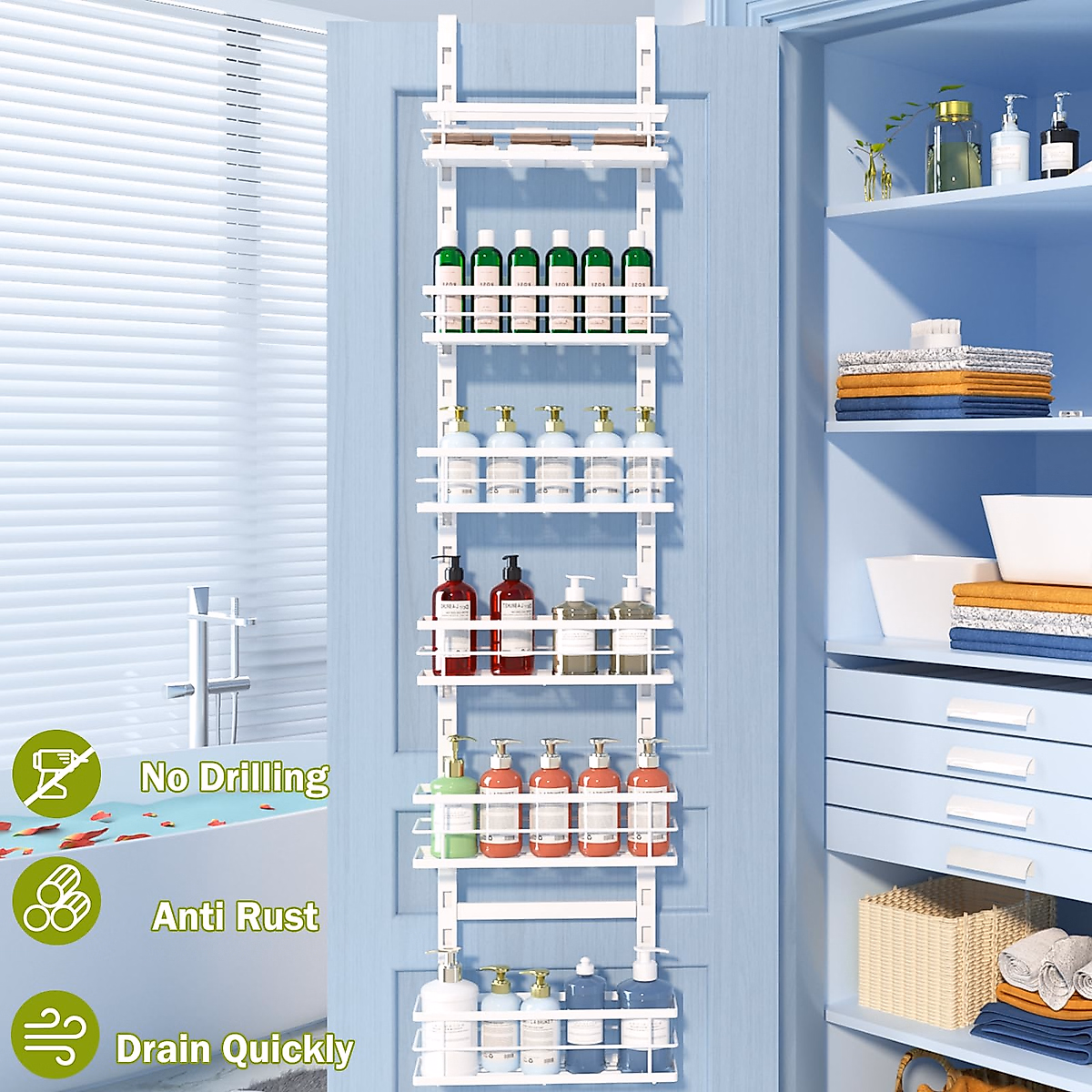 jinligogo Over the Door Pantry Organizer 6-Tier Adjustable Basket, Hanging Narrow Spice Rack, Behind the Closet Door Storage Heavy Duty for Kitchen, Laundry Organization